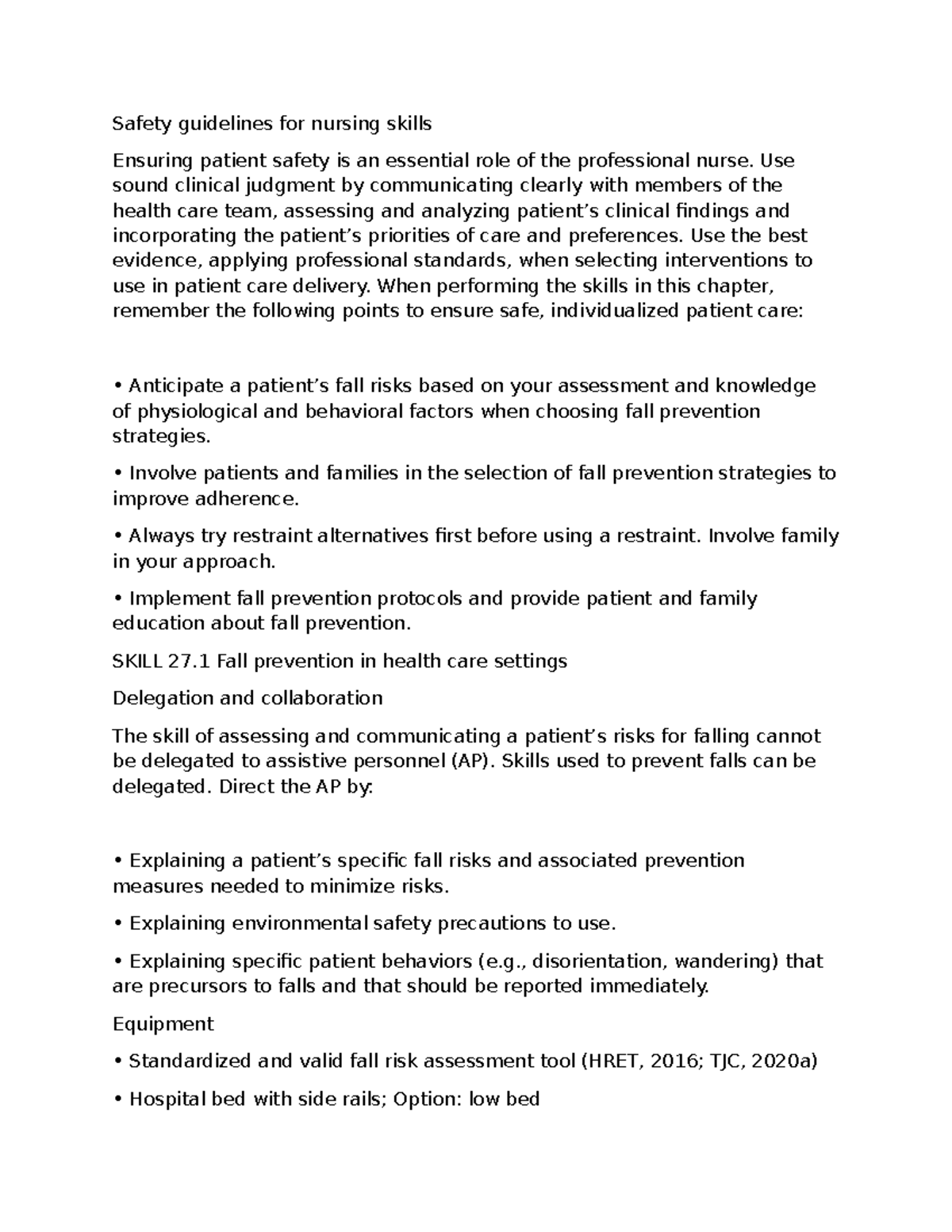 Fall Prevention Guidelines for Nursing Skills (NURS 101) - Studocu