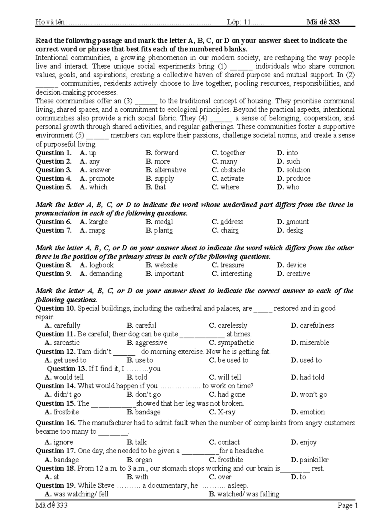 Mã đề 333 - Practice Questions for Intentional Communities - Studocu