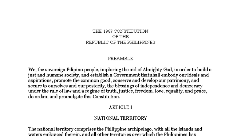 Philippine Constitution: 1987 Preamble and Articles Overview - Studocu
