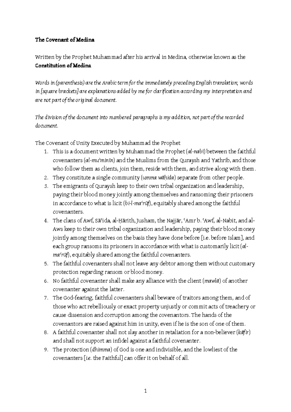 Covenant of Medina: An Analysis of Unity Among Faithful Covenanters ...