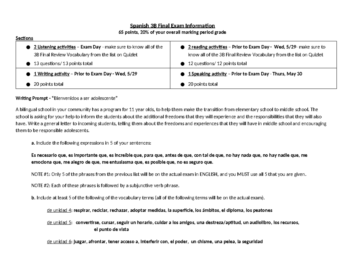 Spanish 3B Entreculturas Final Exam Guidelines and Insights - Studocu