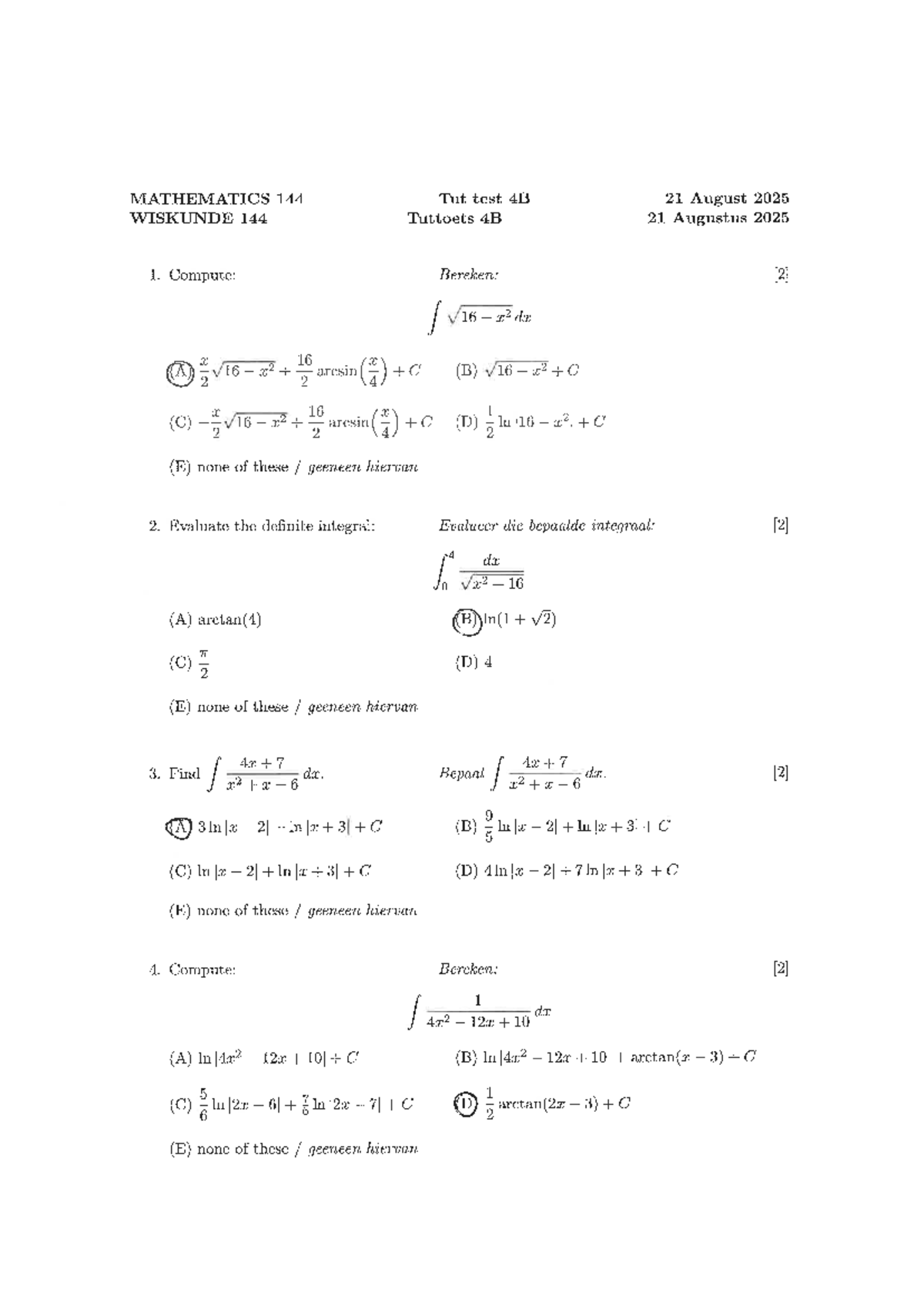 MATHEMATICS 144 Tut Test 4B Memo - 21 August 2025 - Studocu