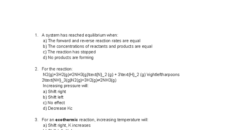 Year 12 Chemistry Module 5 Practice: Equilibrium Concepts and Calculations - Studocu