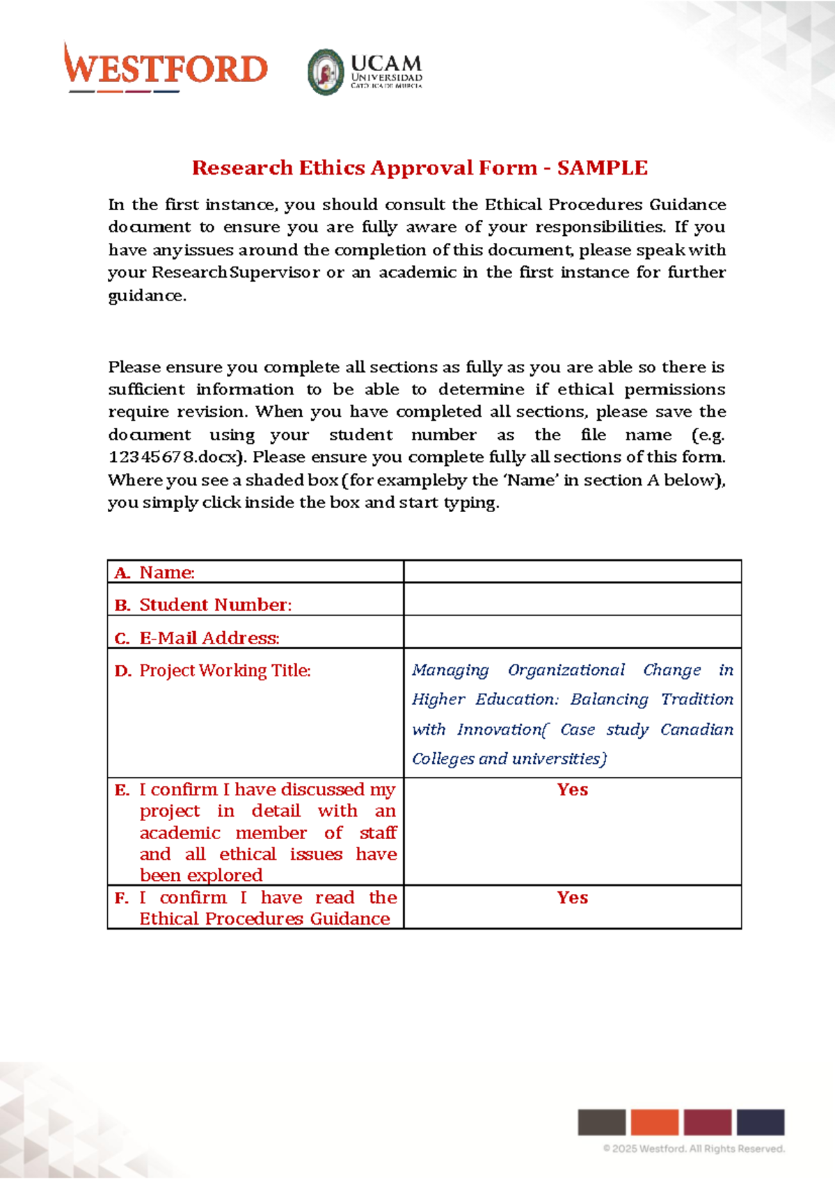 Research Ethics Approval Form Sample for Project on Org Change in HE - Studocu