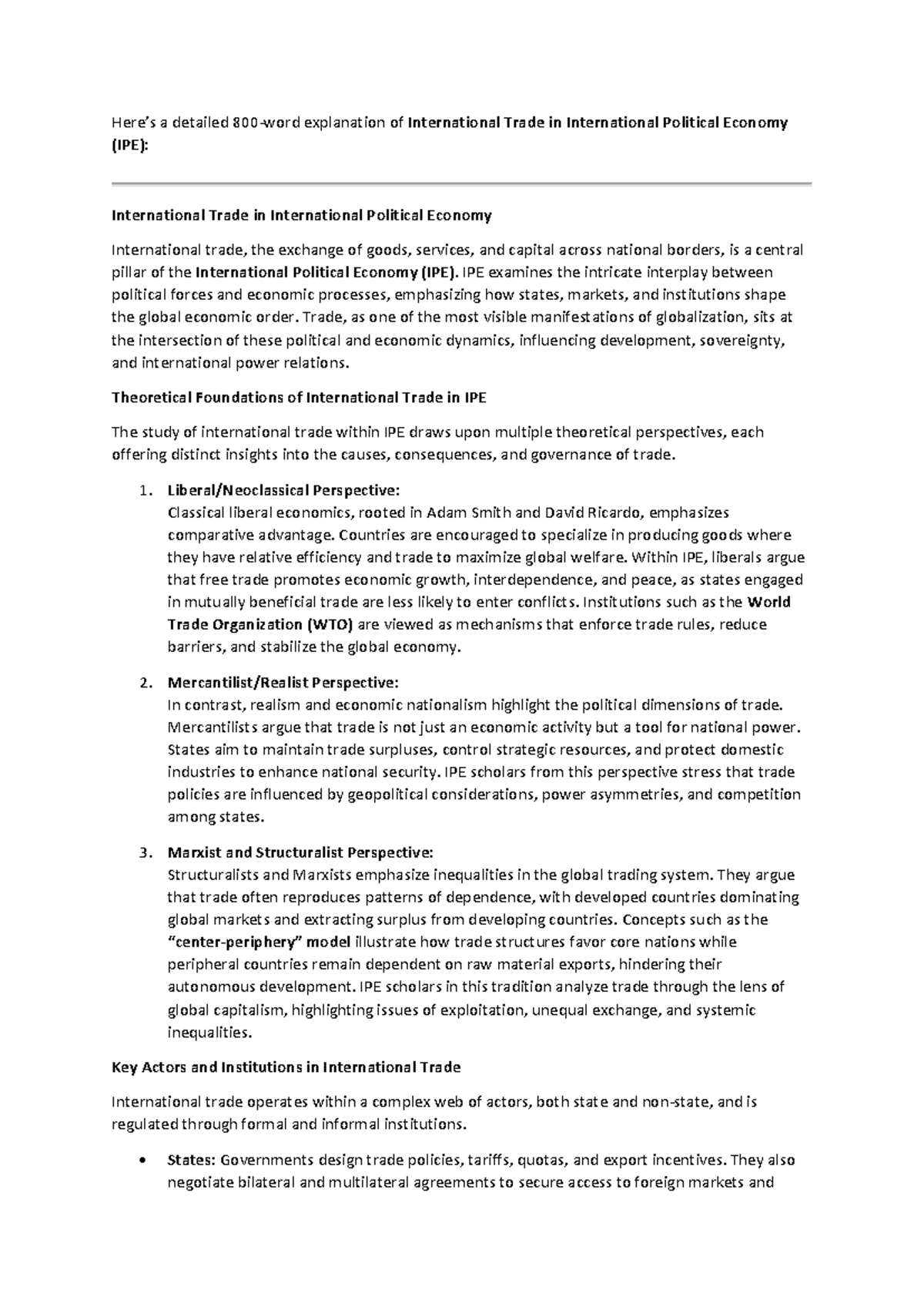 International Trade in IPE: Theoretical Perspectives and Key Actors ...