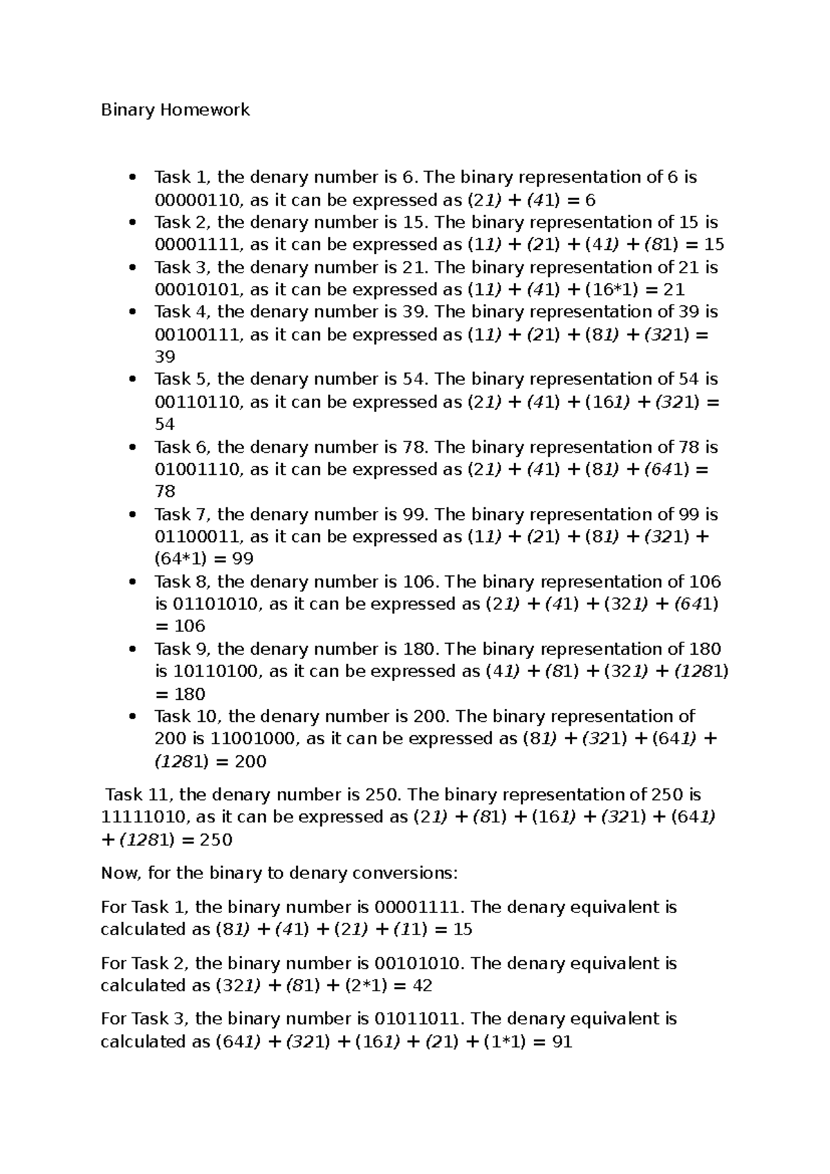 Binary Conversion Homework - Tasks 1 to 11 Analysis - Studocu