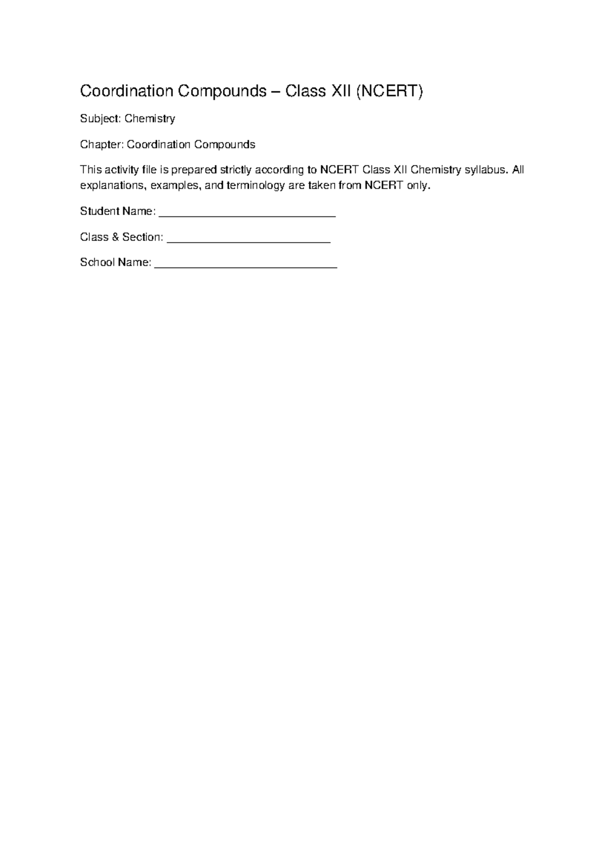 Coordination Compounds Detailed Notes for Class XII Chemistry - Studocu