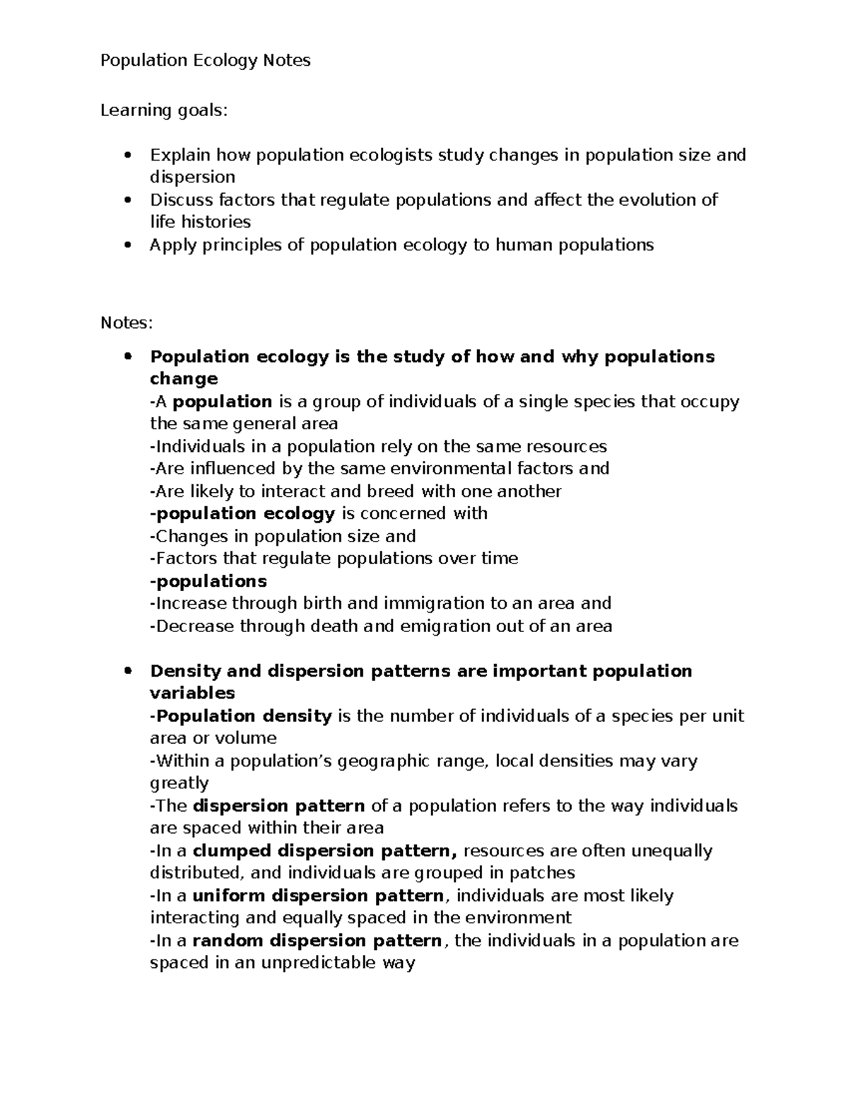 Population Ecology Notes: Growth, Regulation & Applications - Studocu