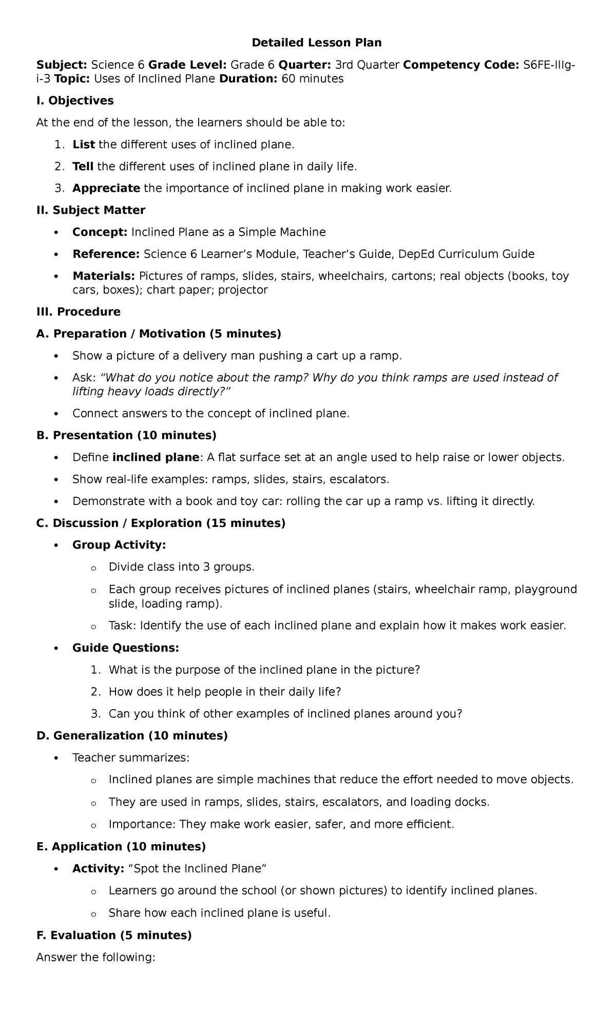 📘 Science 6 Detailed Lesson Plan: Uses of Inclined Plane - Studocu