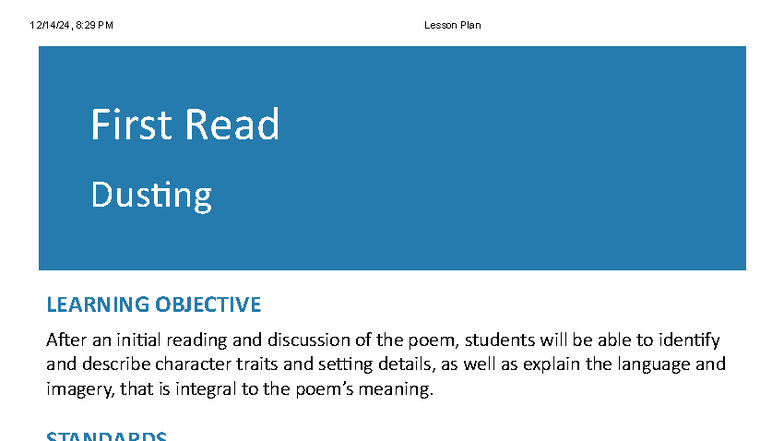 Lesson Plan 121824 - Analyzing Dusting Poem and Character Traits - Studocu