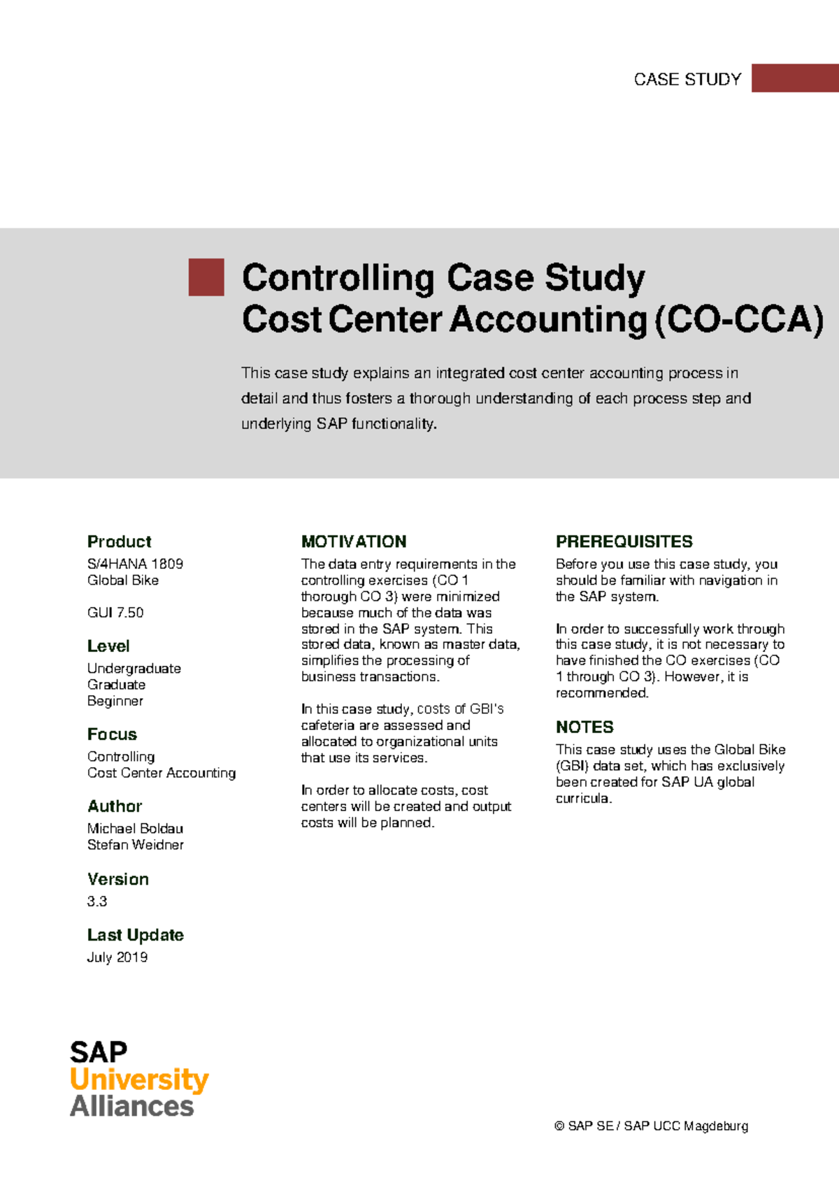 Controlling - CASE Study 1 - © SAP SE / SAP UCC Magdeburg Product S ...