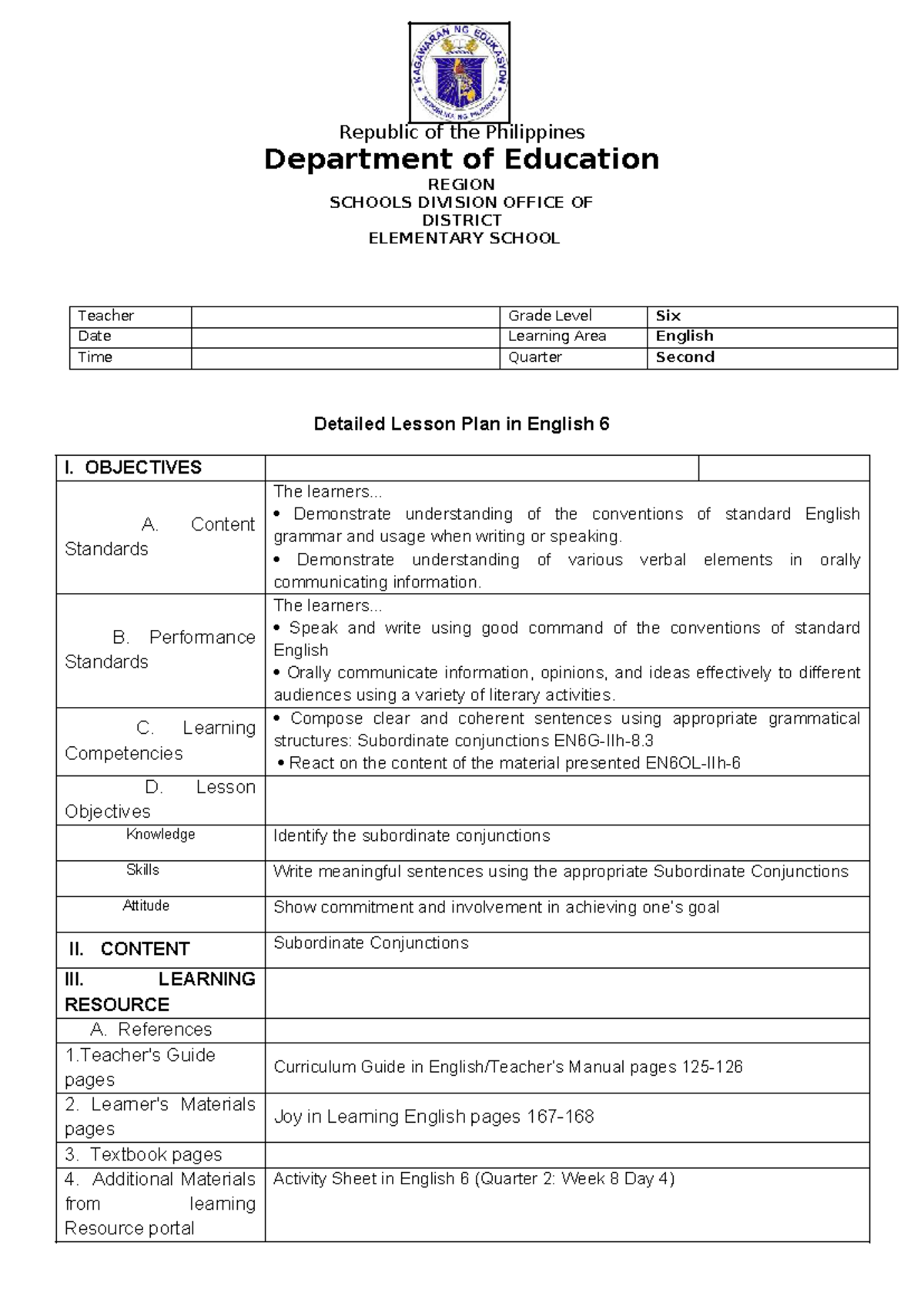 COT English 6 Week 8 Detailed Lesson Plan on Subordinate Conjunctions ...
