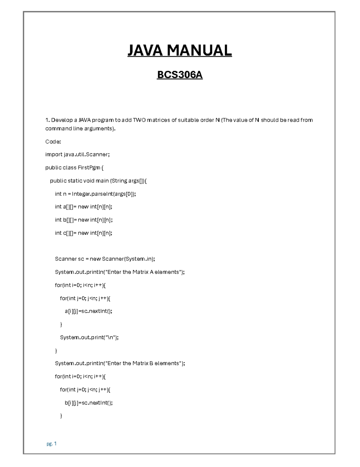 JAVA MANUAL BCS306A: Matrix Operations, Classes, and Exceptions - Studocu
