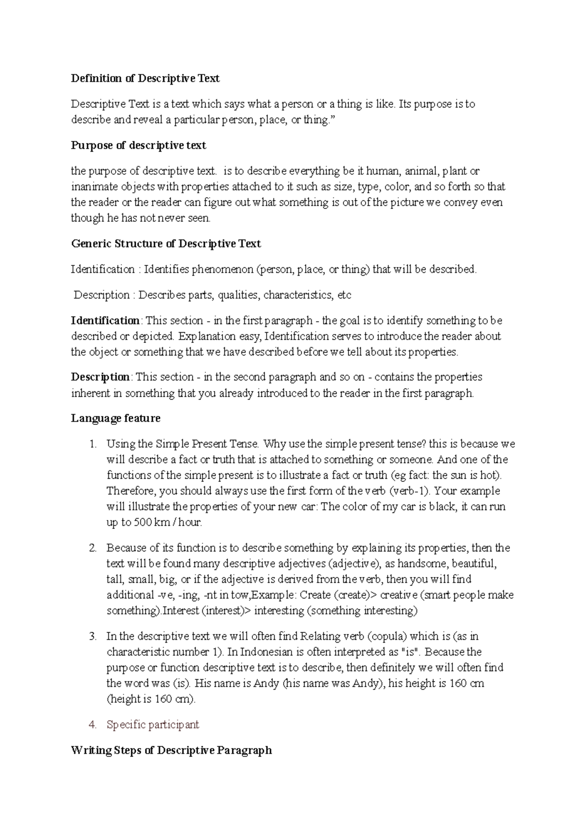 Materi Descriptive Text: Purpose, Structure, and Writing Steps - Studocu