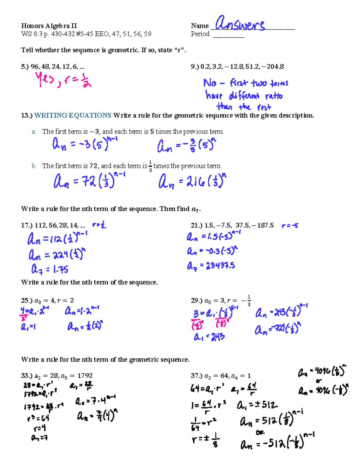 Honors Algebra II WS 8.3 Geometric Sequences Practice - Studocu