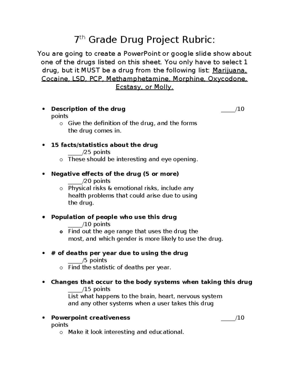 7th Grade Drug Project Rubric for PowerPoint Presentation - Studocu