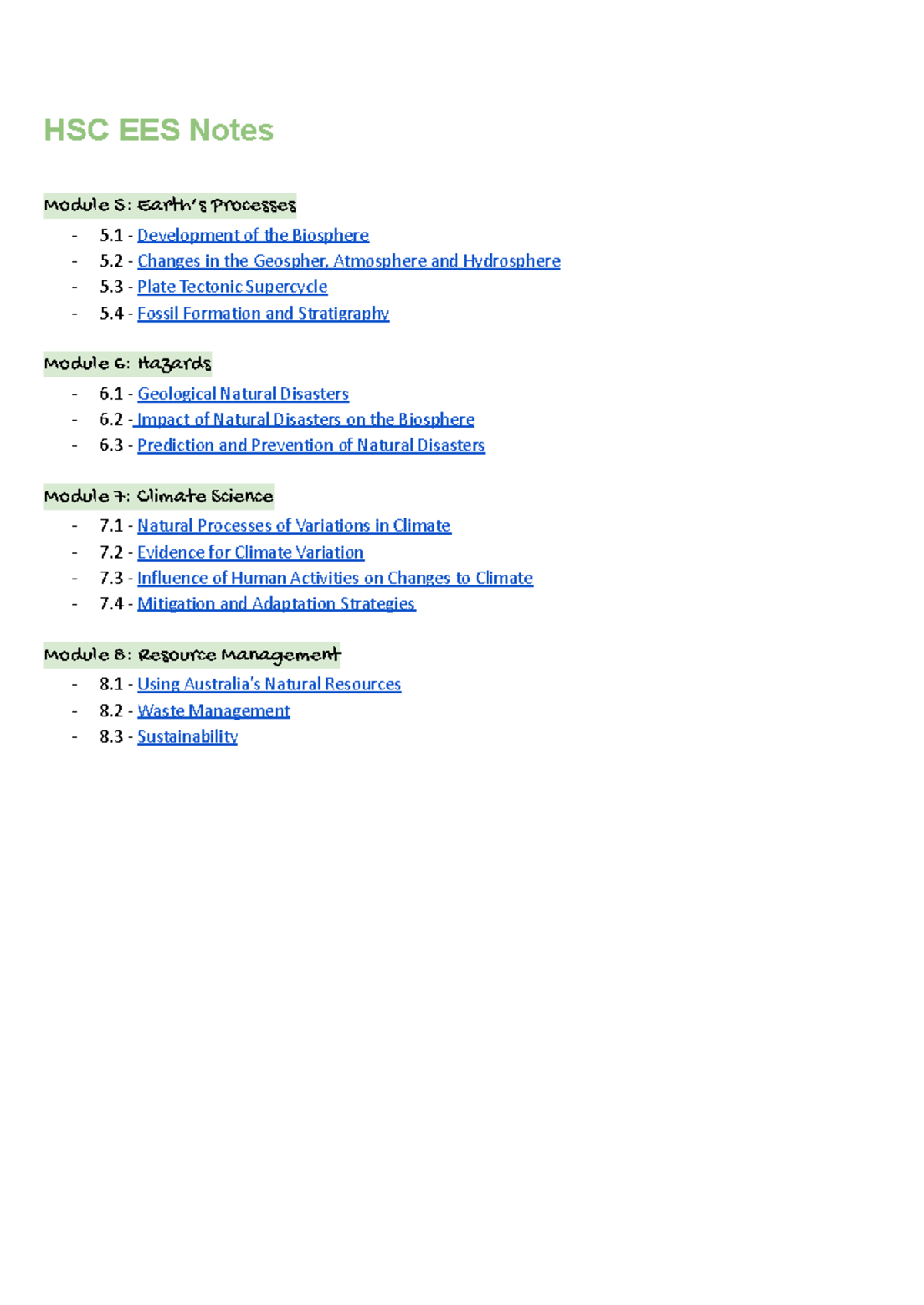 HSC EES Notes: Modules 5-8 on Biosphere, Hazards, Climate, and ...