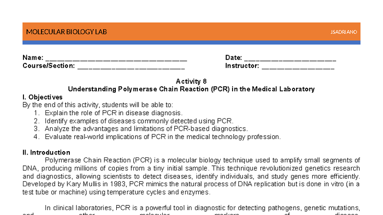 MOL BIO LAB: Understanding PCR in Medical Diagnostics - Studocu