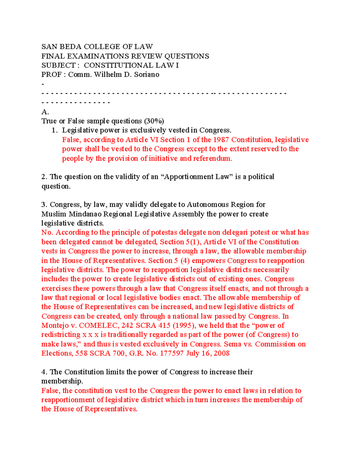 Constitutional Law I (LAW 101) Final Exam Review Questions - Studocu