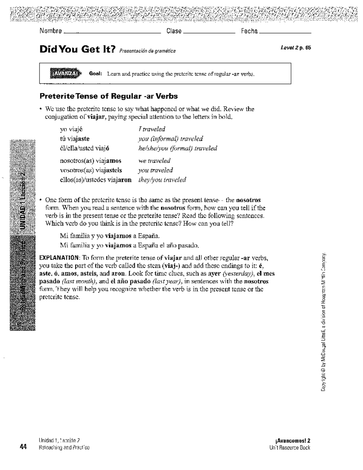 AVANZA! 2 Preterite Tense - Regular -ar Verbs (Did You Get It?) - Studocu