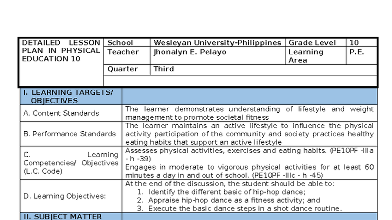 DLP-PE10: Detailed Lesson Plan on Dance Styles for Physical Education ...