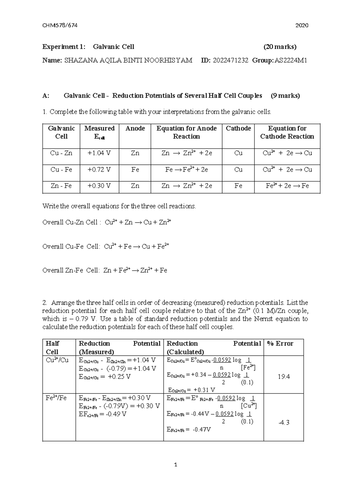 Experiment 1 Galvanic Cell (Student Version) - Experiment 1: Galvanic Cell (20 marks) Name ...