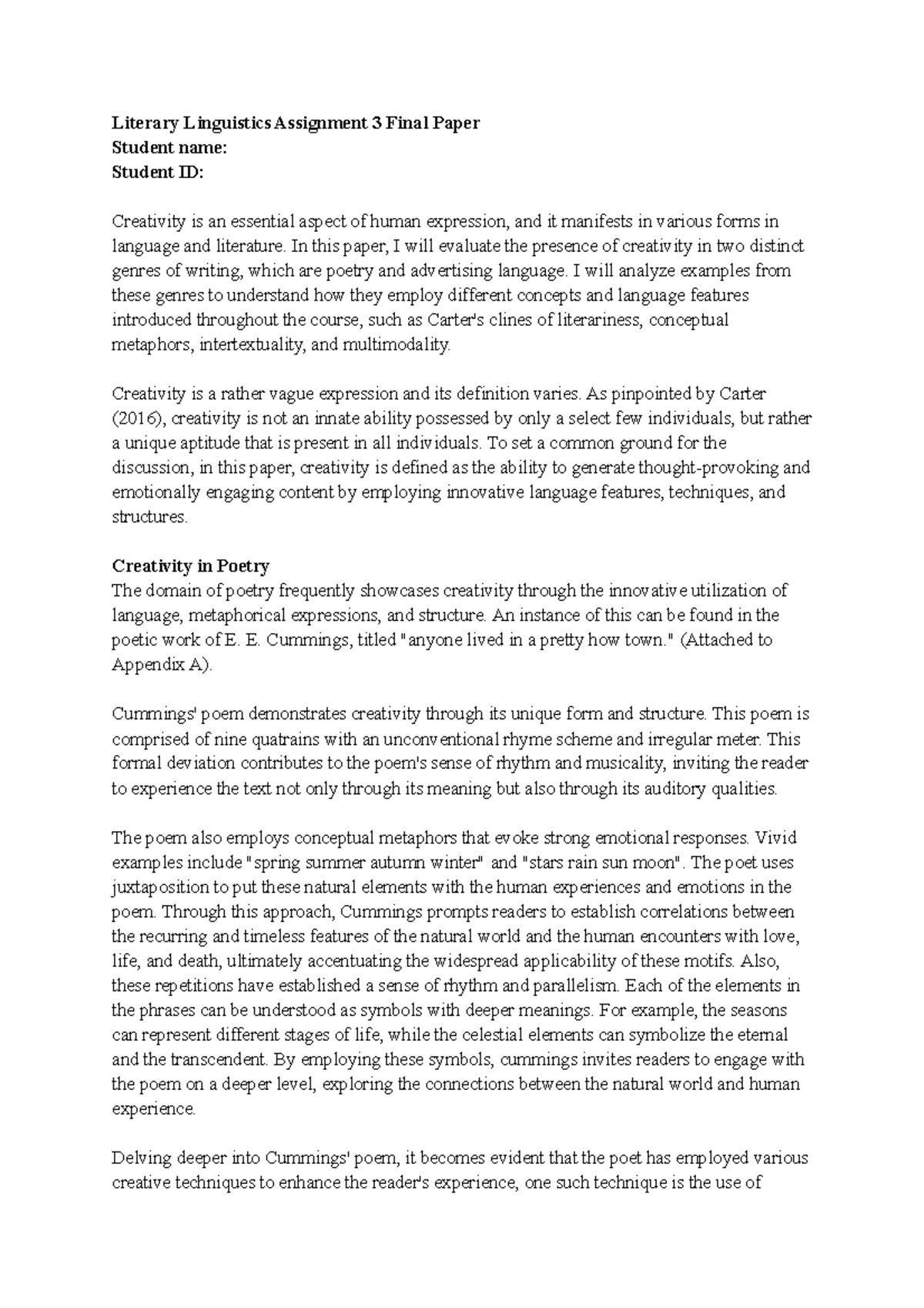 LIT 303 - Literary Linguistics Assignment 3: Exploring Creativity in ...