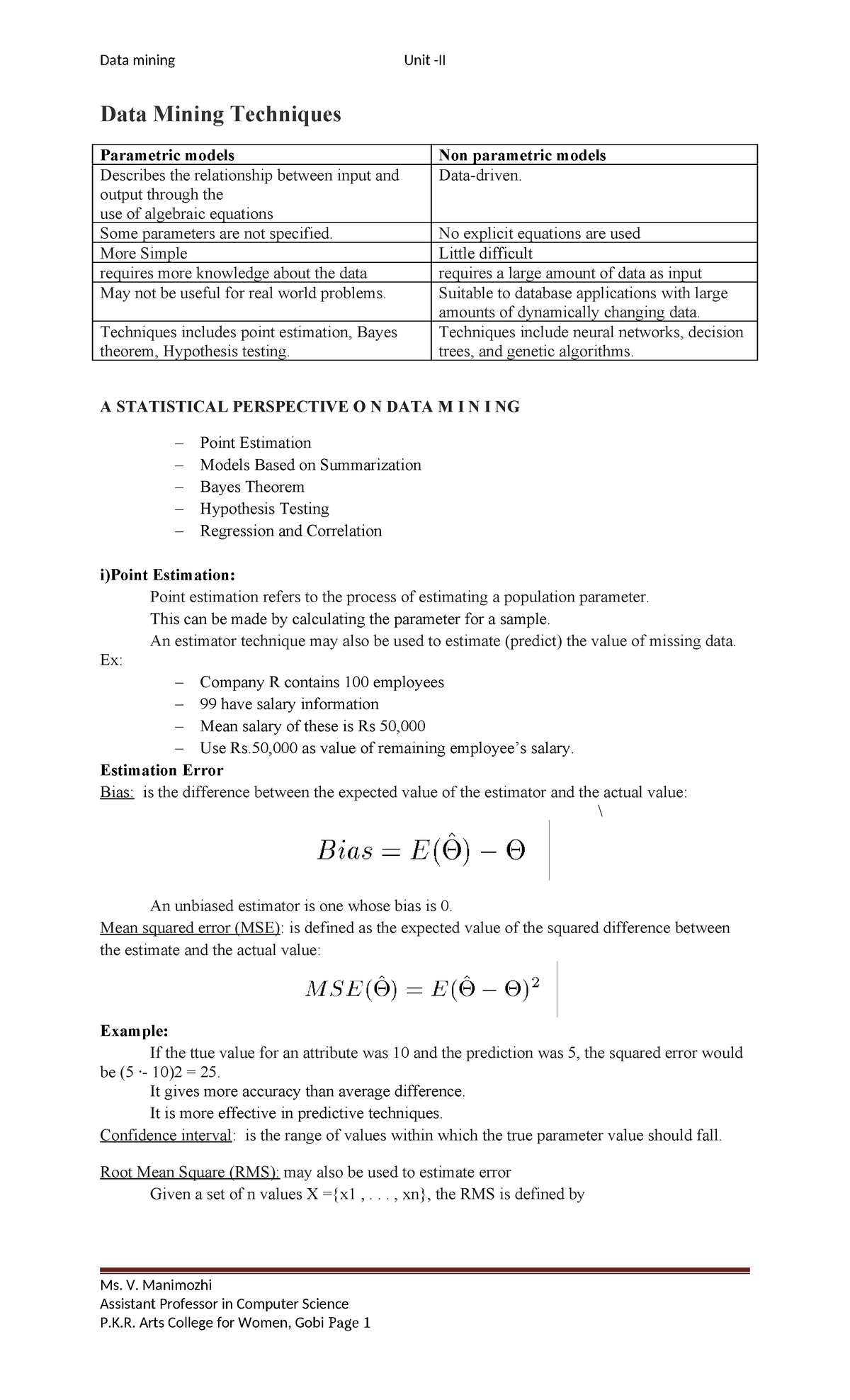 Unit 2 - Summary Masters of computer applications - Data Mining ...