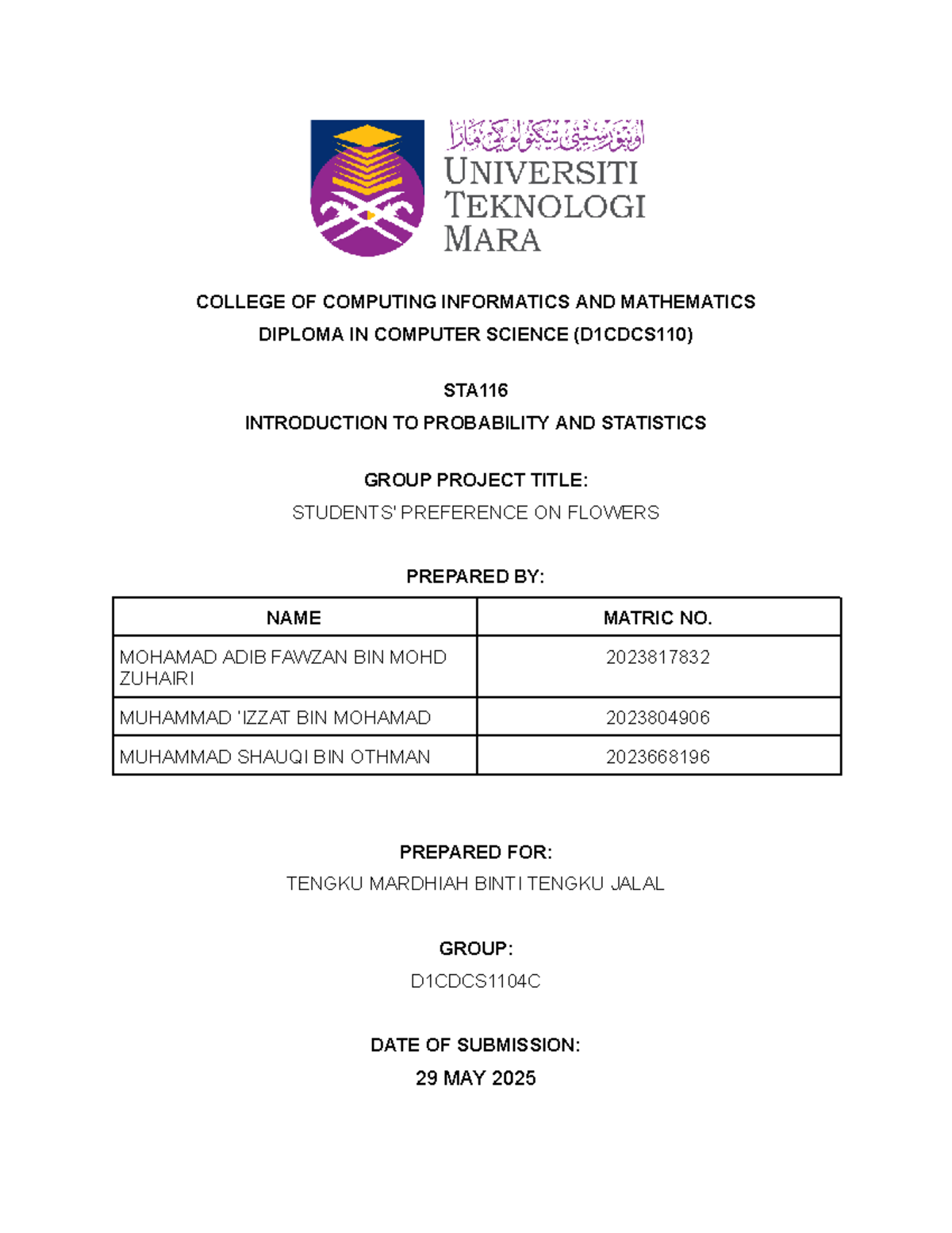 STA116 Group Project Report: Student Preferences on Flowers - Studocu