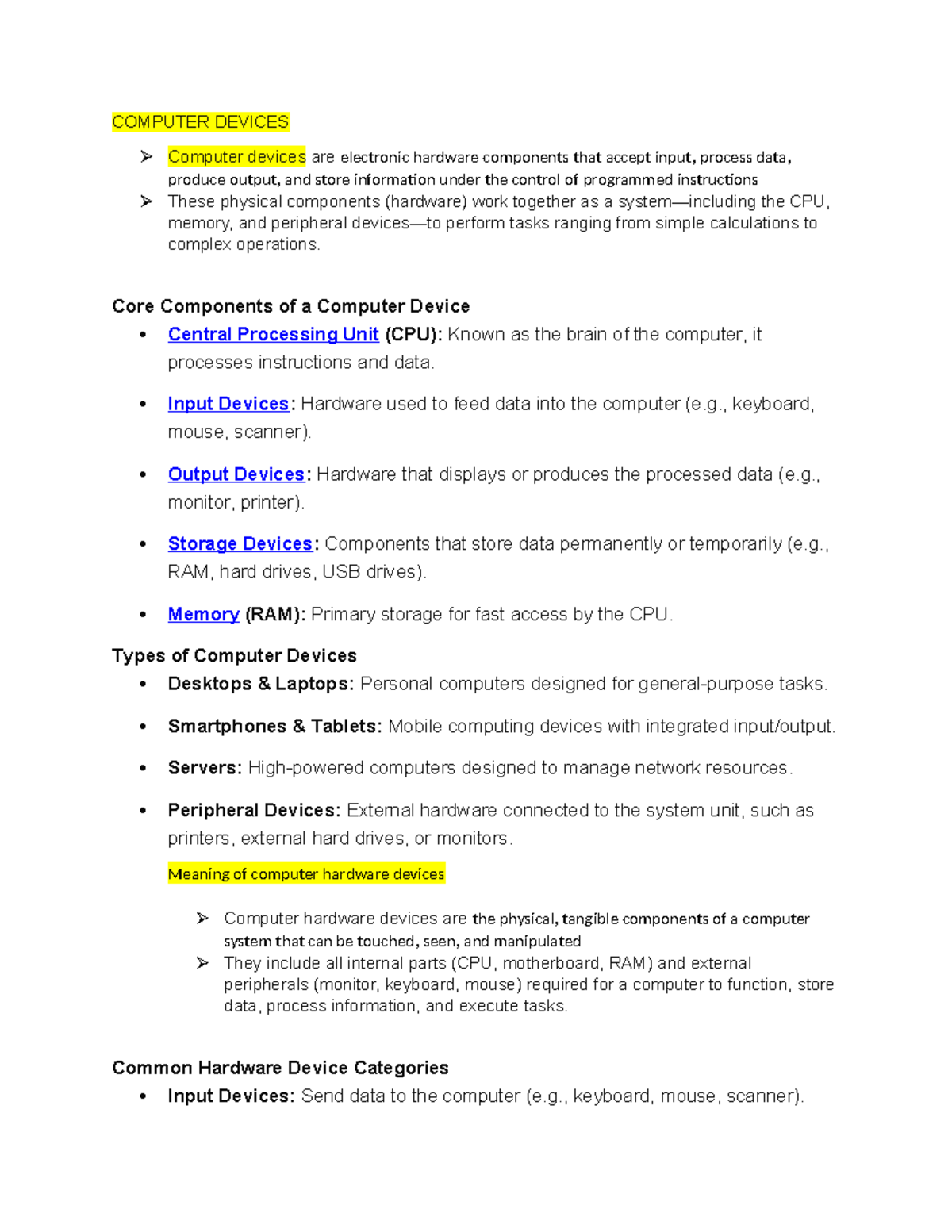COMPUTER DEVICES - Lecture Notes on Hardware Components - Studocu