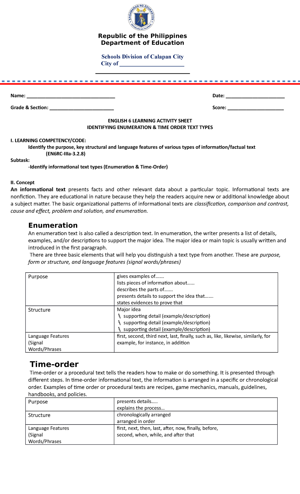 Q1-SLAS-(1st) - Identifying Enumeration & Time-Order Text Types ...