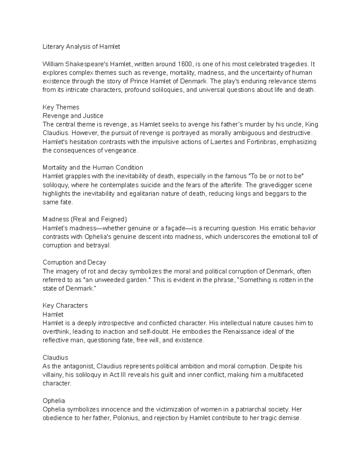 Literary Analysis of Hamlet - Literary Analysis of Hamlet William ...