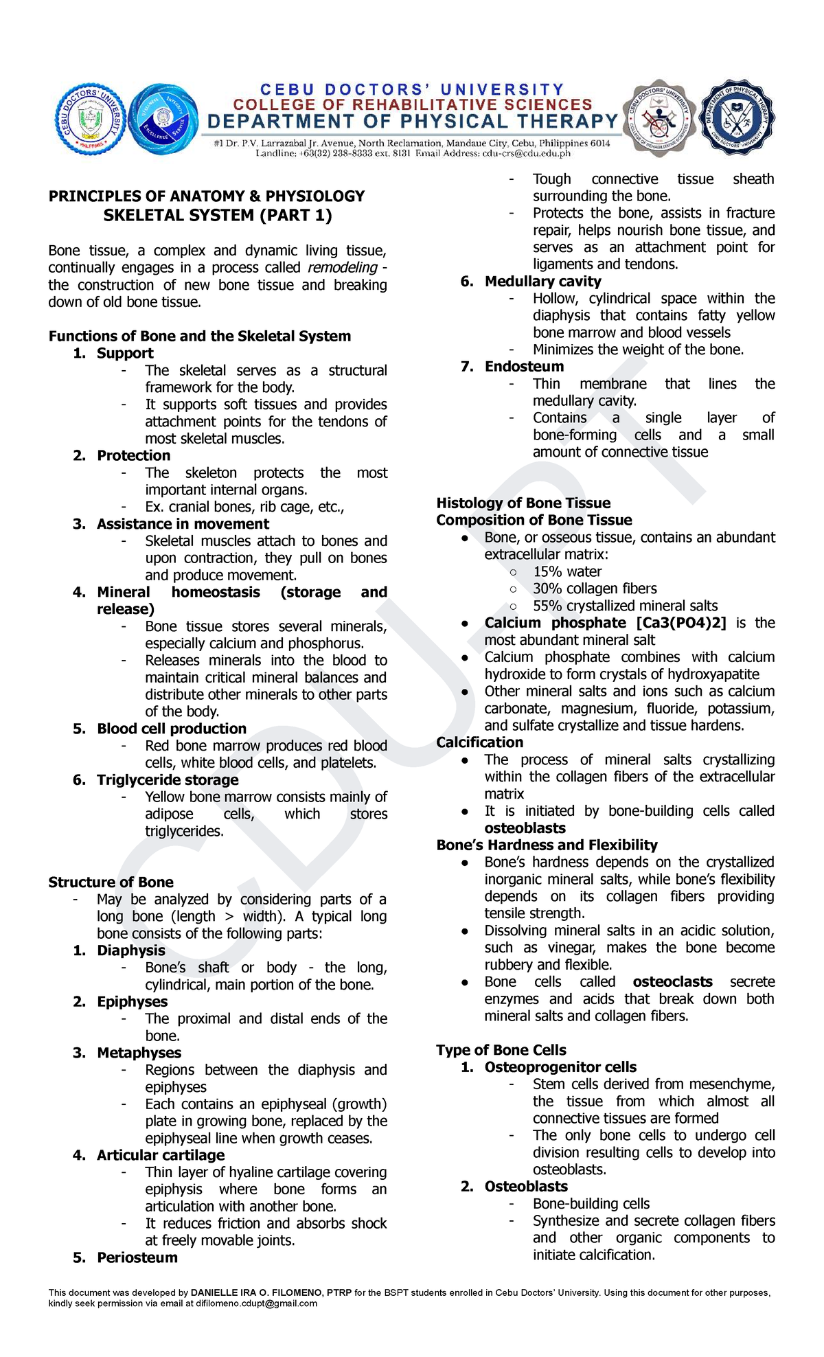 BSPT 2023: Principles of Anatomy & Physiology - Skeletal System Notes ...