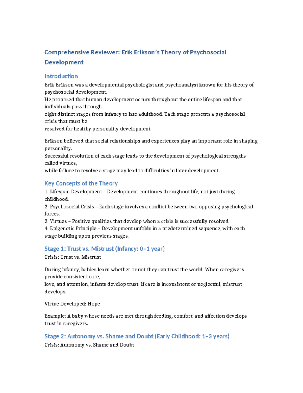 Erikson's Psychosocial Development: Comprehensive Review Guide - Studocu