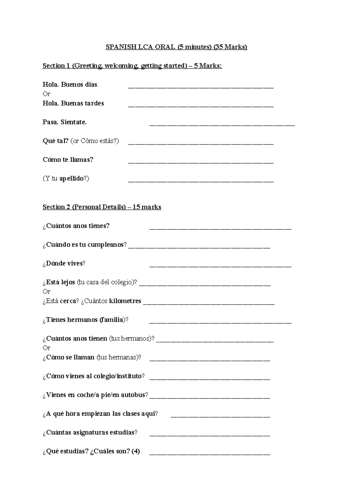 SPANISH LCA ORAL EXAM NOTES (5 mins, 35 Marks) - Studocu