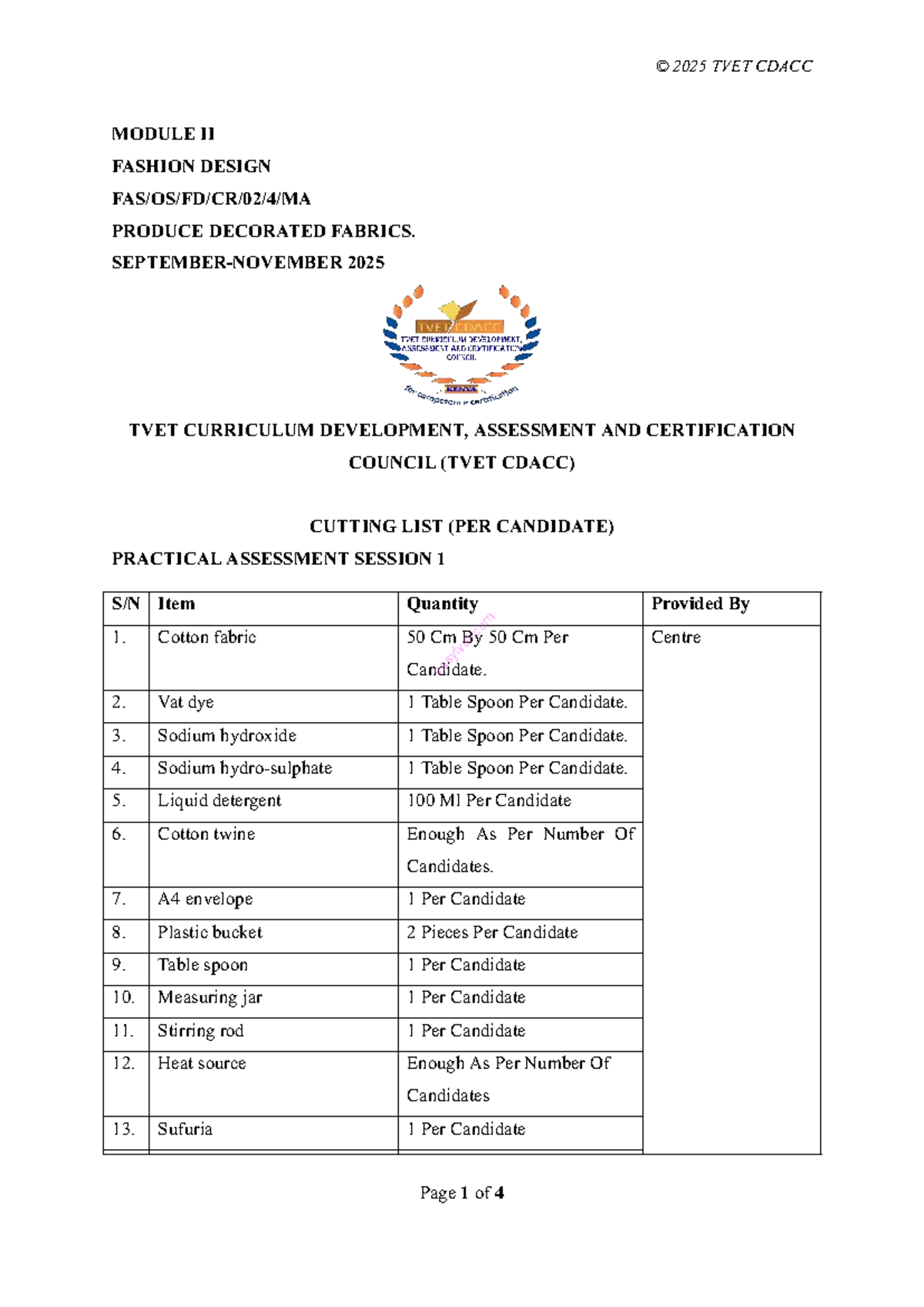 2025 TVET CDACC Module II Fashion Design Practical Assessment Guide ...
