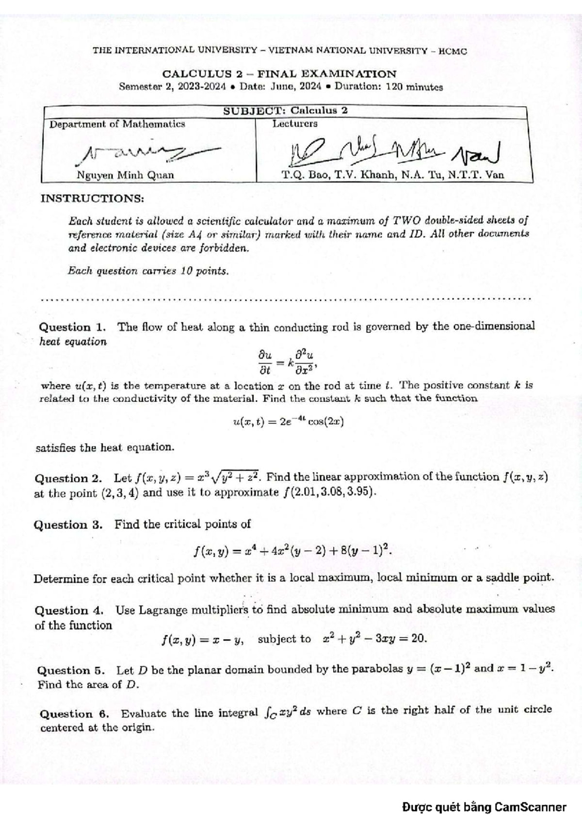 Calculus 2 (MATH 202) Final Exam - Semester 2, June 2024 - Studocu