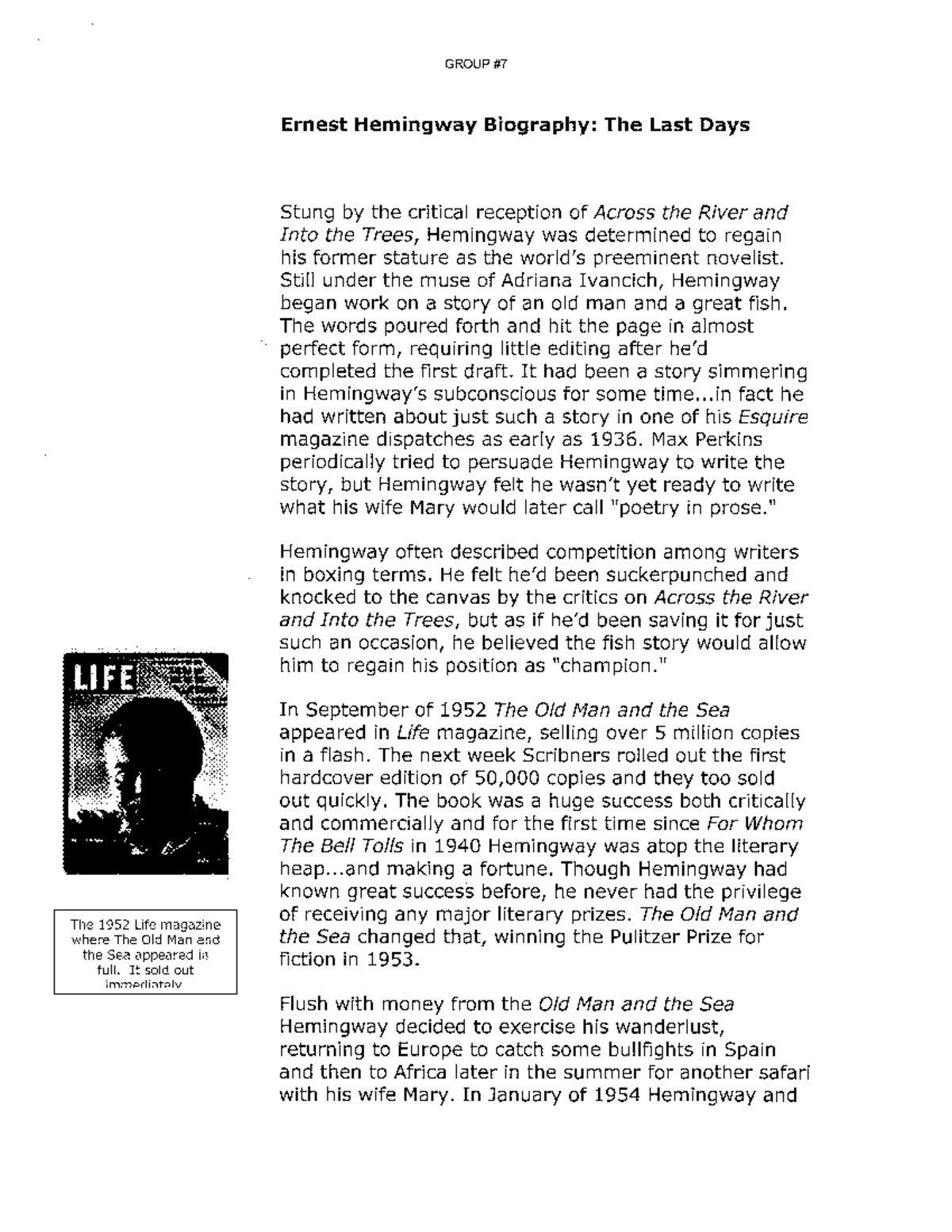 GROUP Ernest Hemingway: Biography and Final Years Analysis - Studocu