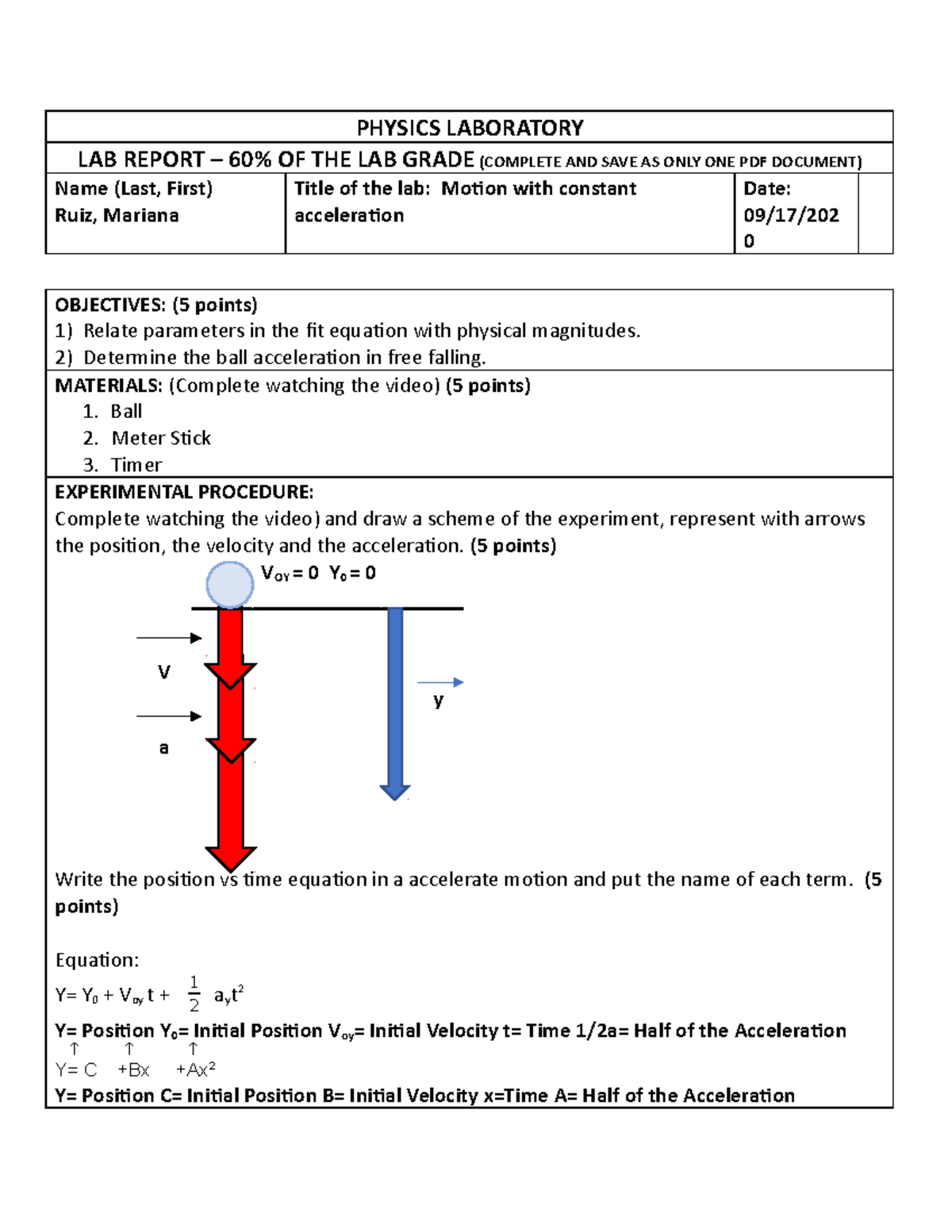 Motion with constant acceleration - PHYSICS LABORATORY LAB REPORT – 60% ...