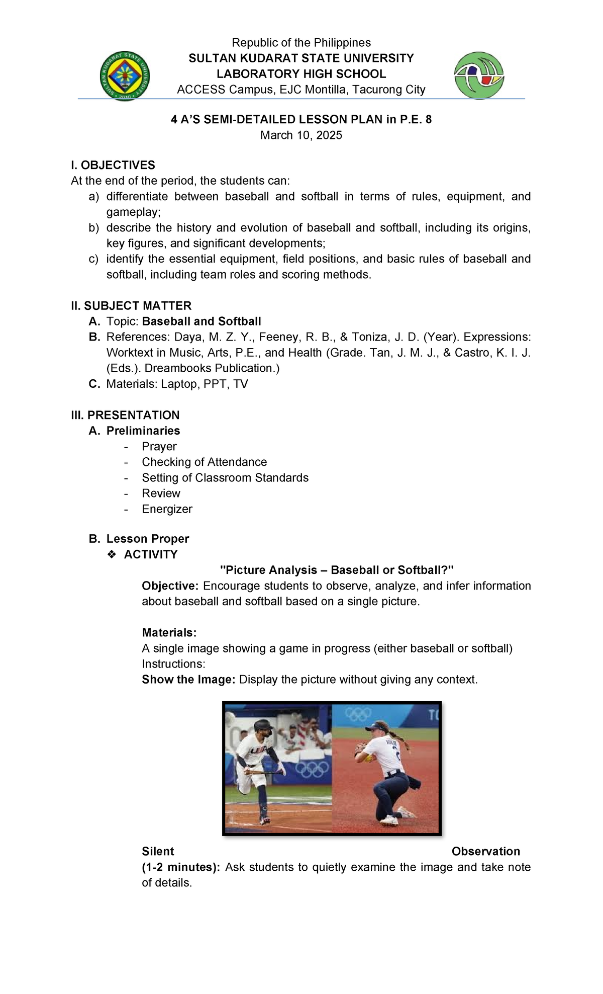 Baseball and Softball - Semi-Detailed Lesson Plan (Grade 4-A) - Studocu