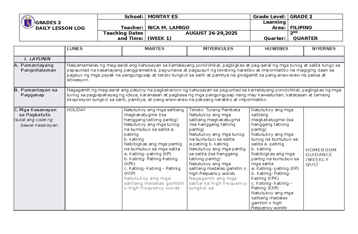 FIL2 Q2 W1 - Daily Lesson Log for Grade 2 in Filipino - Studocu