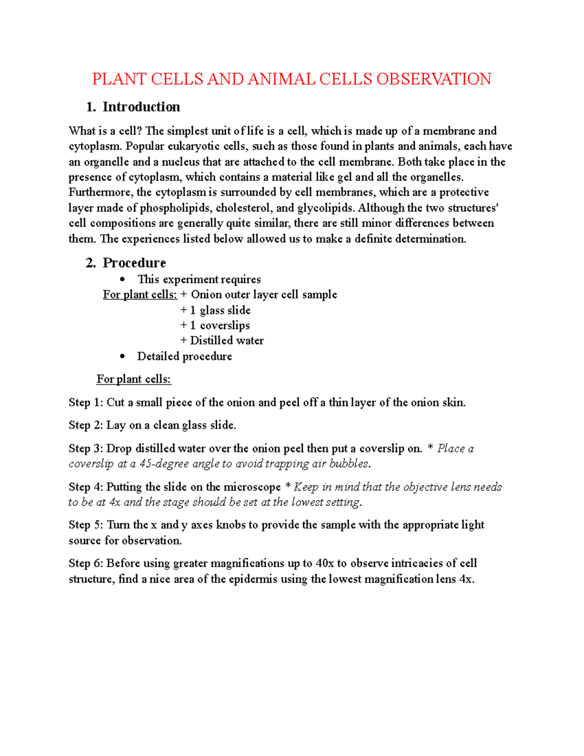 Lab Report 1 - Observing Plant and Animal Cells Microscopically - Studocu