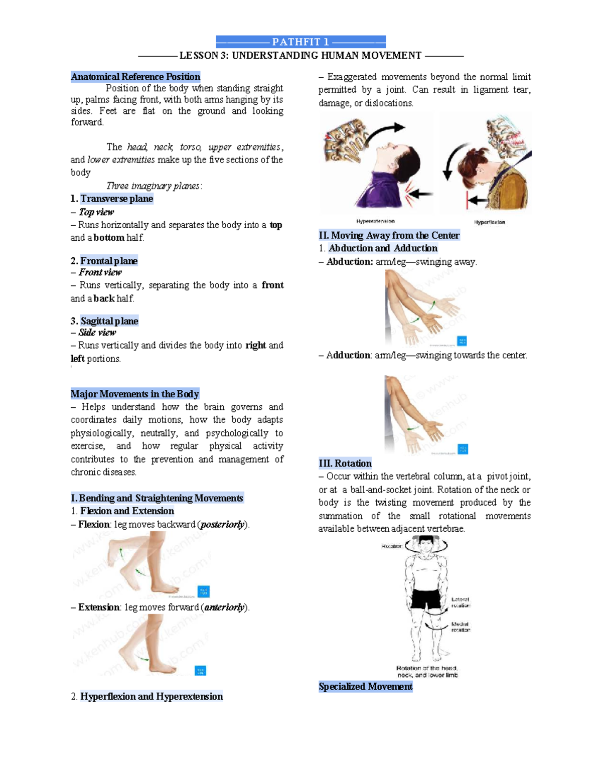 PATHFIT 1 LESSON 3: HUMAN MOVEMENT & ANATOMICAL REFERENCE - Studocu