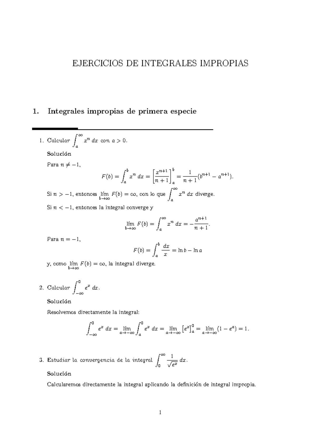 Ejercicios de Integrales Impropias - Matemáticas 101 - Studocu