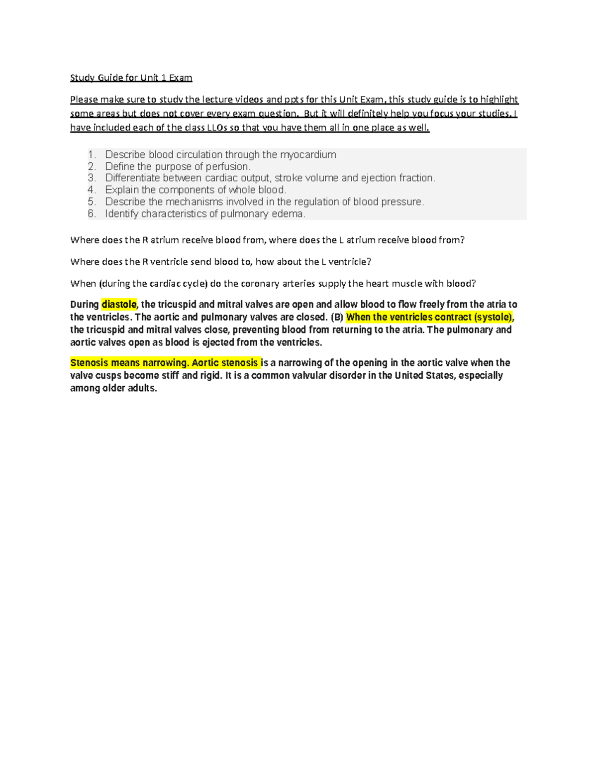 Unit 1 Exam Study Guide: Myocardial Circulation & Blood Pressure - Studocu