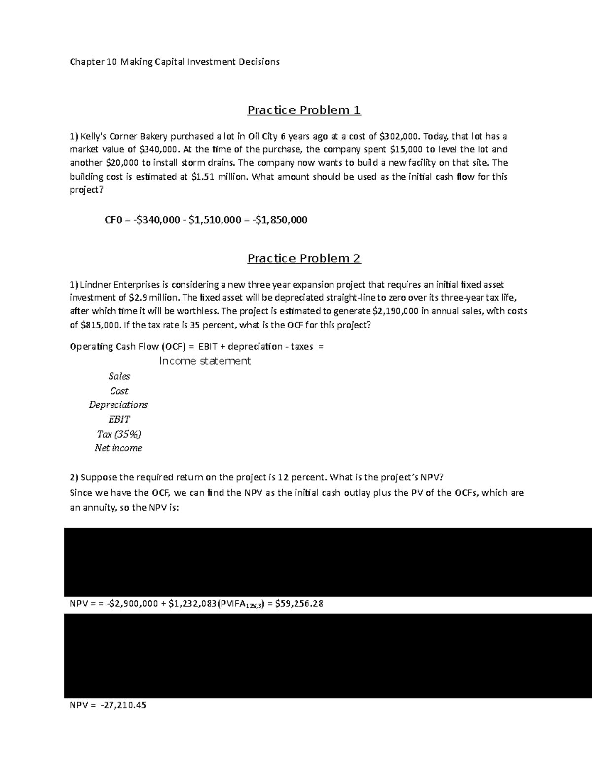 FIN 4001 - Chapter 10 Practice Problems & Solutions - Studocu