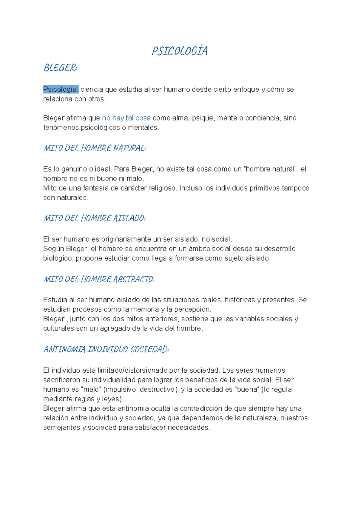 Resumen 1ER Parcial PSICOLOGÍA: Enfoques y Teorías de Bleger y Otros ...