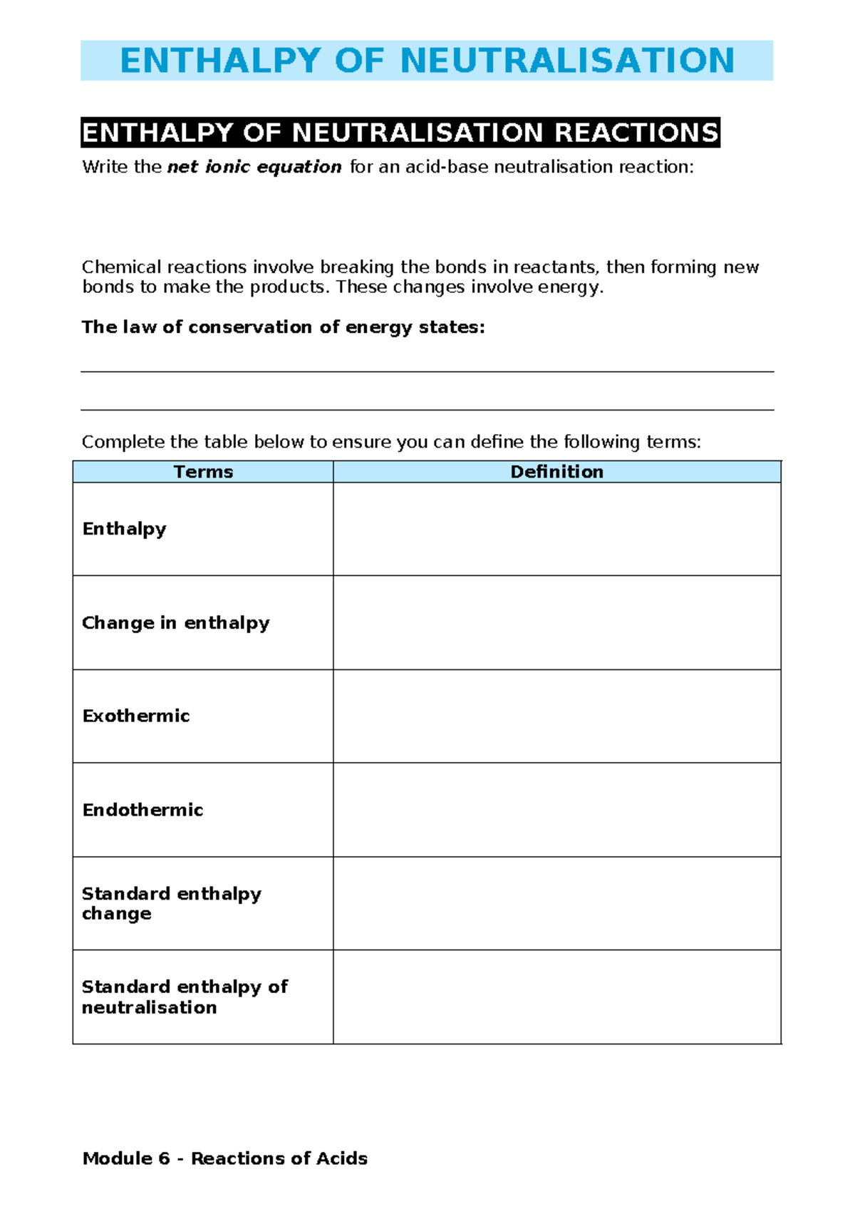 Enthalpy of Neutralisation Reactions Worksheet for Chemistry 101 - Studocu