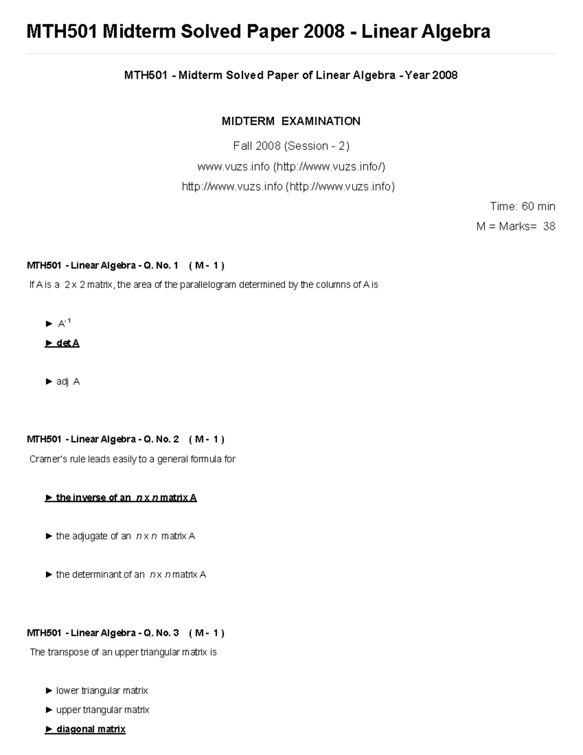 MTH501 Midterm Exam Solved Paper 2008 - Linear Algebra - Studocu
