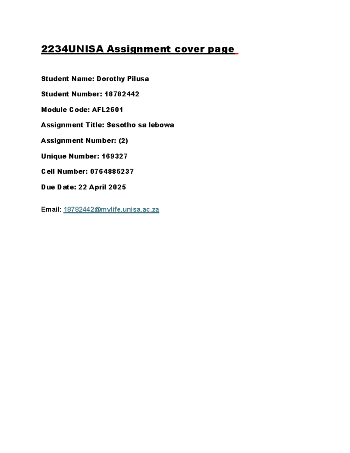 AFL2601 Assignment 02: Sesotho sa Lebowa Analysis and Insights - Studocu
